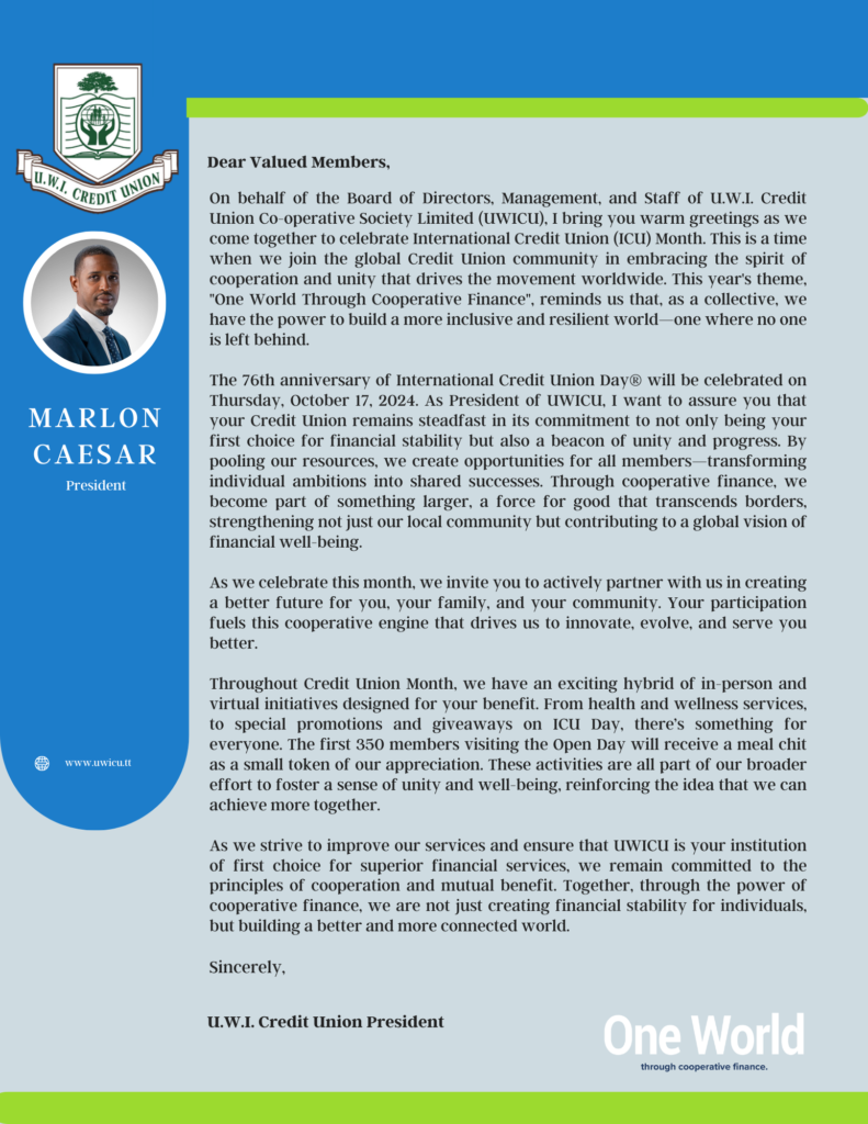 UWICU INTERNATIONAL CREDIT UNION MONTH 2024 GREETINGS AND INITIATIVES ...