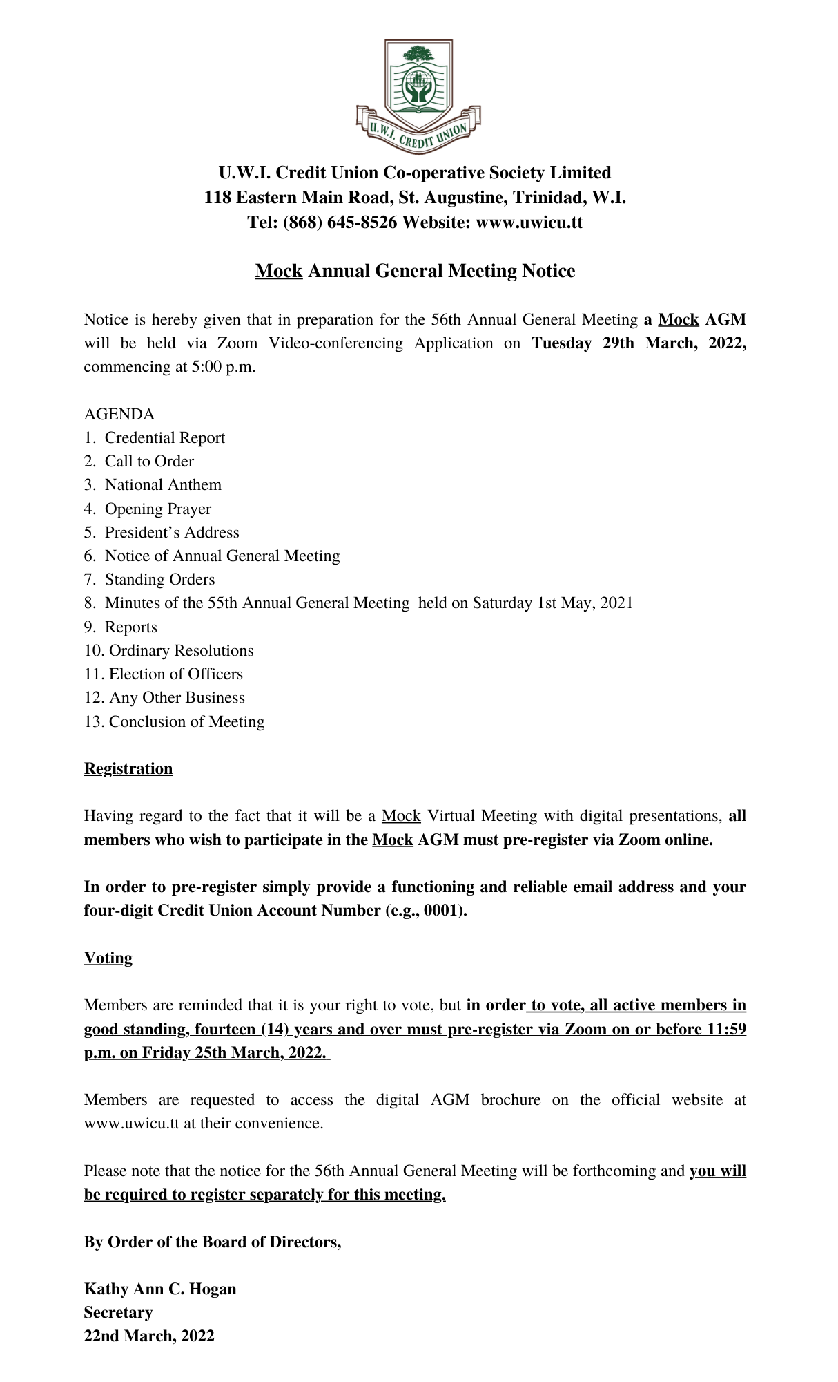 U.W.I. CREDIT UNION CO-OPERATIVE SOCIETY LIMITED MOCK 56TH ANNUAL ...