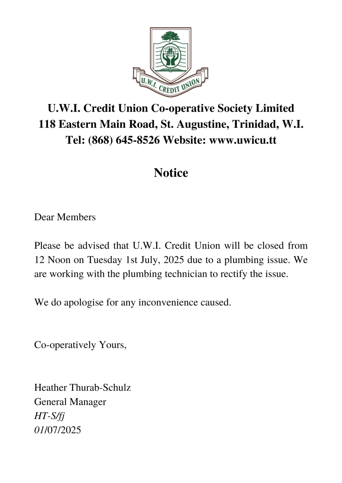 UWICU Notice 01/07/2025 | UWI Credit Union