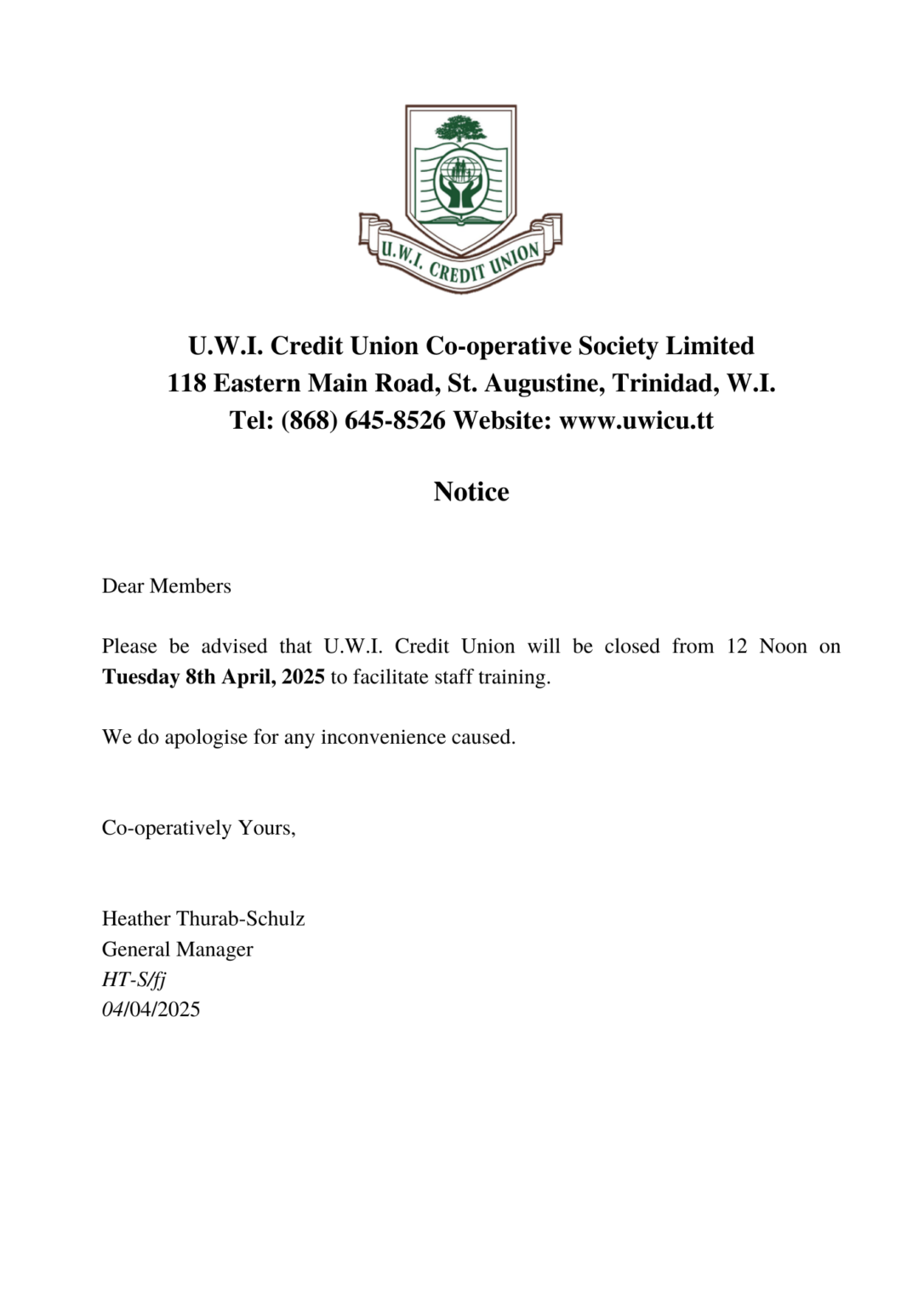 UWICU Notice 04/04/2025 | UWI Credit Union