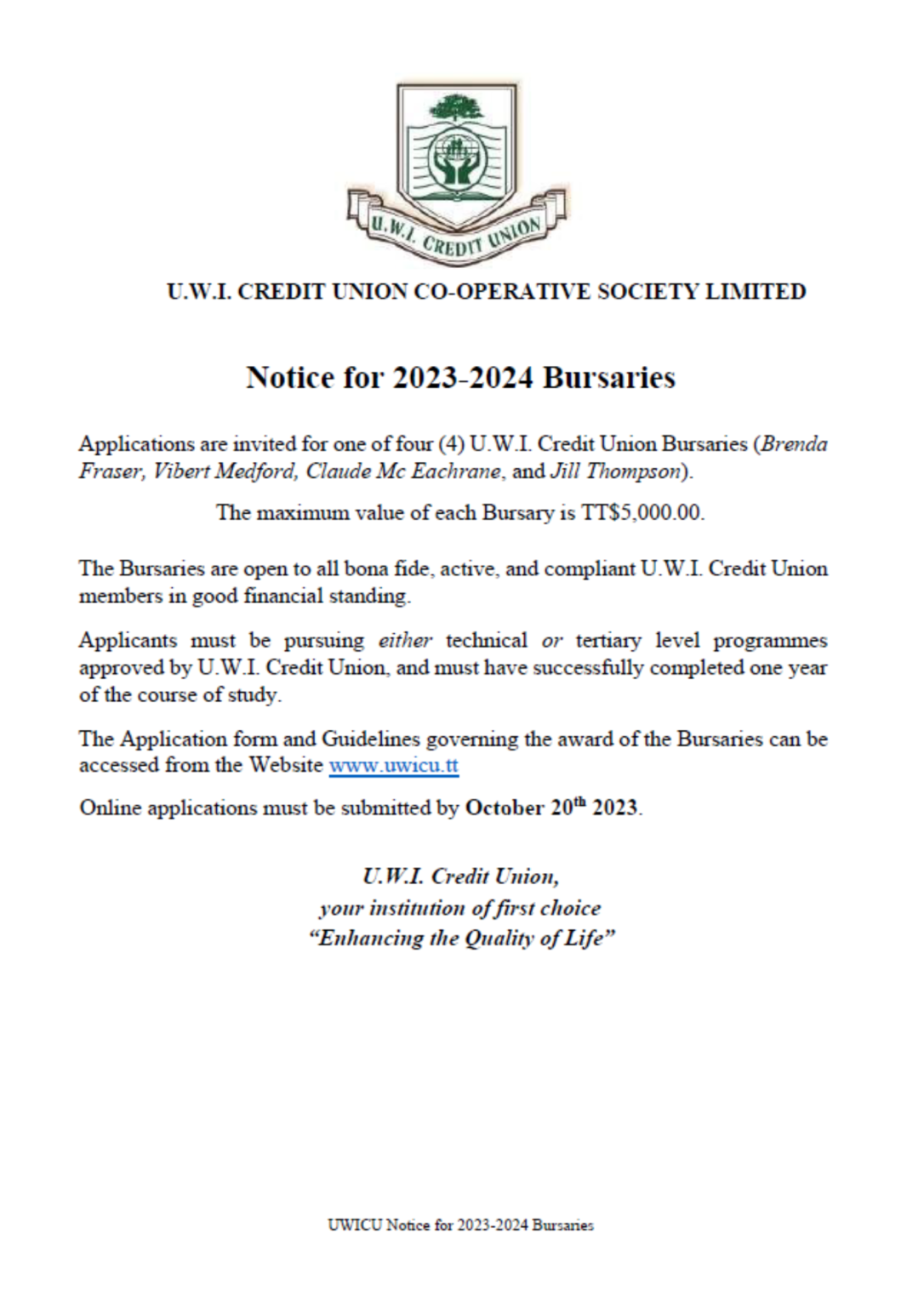 UWICU NOTICE 2023-2024 BURSARIES | UWI Credit Union