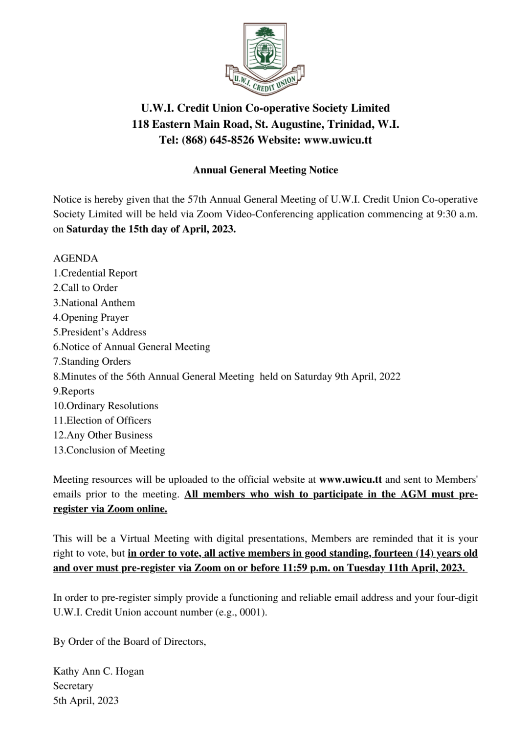 U.W.I. CREDIT UNION CO-OPERATIVE SOCIETY LIMITED 57TH ANNUAL GENERAL ...