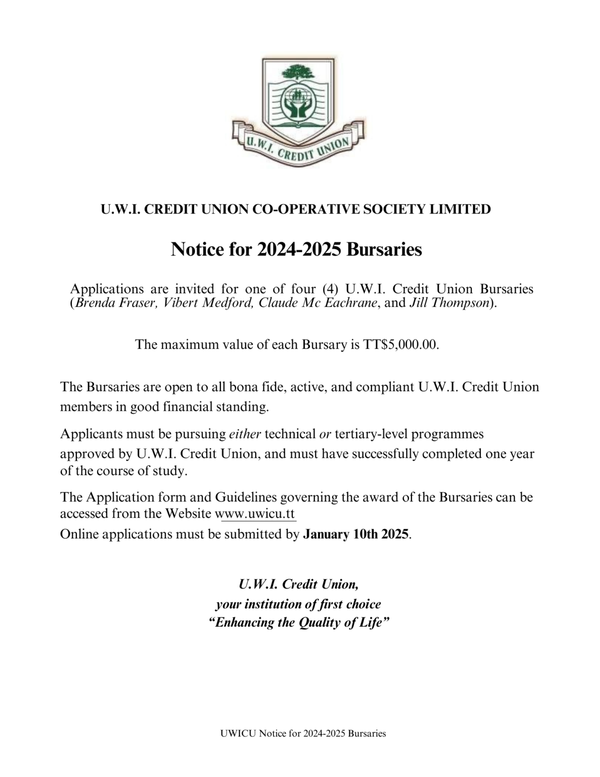 UWICU BURSARIES 2024-2025 NOTICE | UWI Credit Union